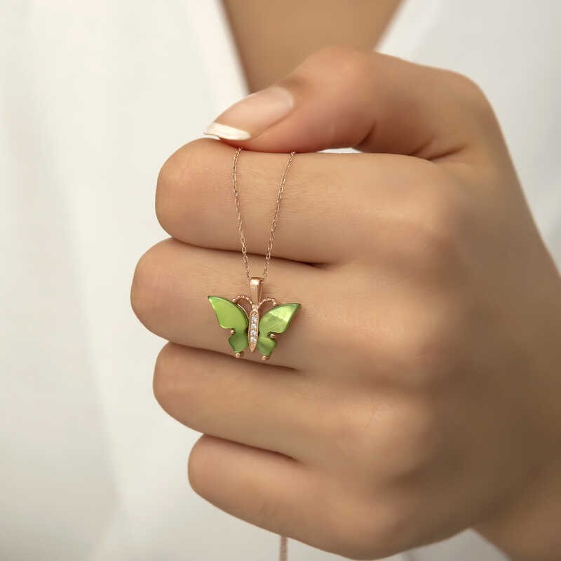 Kelebek Kolyeler - Gümüş Rose Yeşil Kaplangözü Taşlı Kelebek Kolye